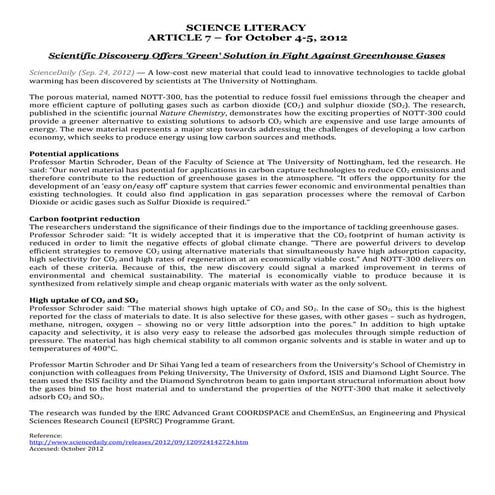 Science Literacy Article 7 for October 4-5, 2012 | DOC | Chemistry ...