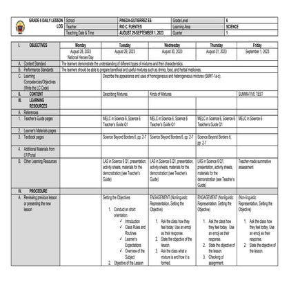 Daily Lesson Log in Science 6 Quarter 1 Week 1 | DOCX | Educational ...