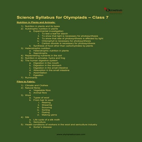 Science Syllabus for Olympiads - Class 7 | PDF