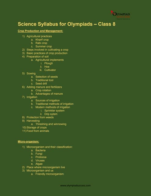 Science Syllabus for Olympiads - Class 3 | PDF