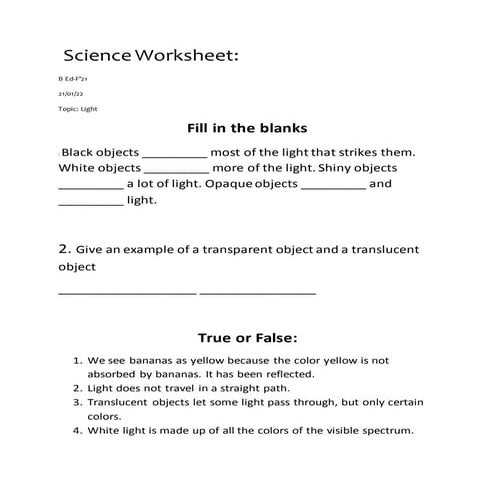 Light_Science_Worksheet.docx | Physics | Science