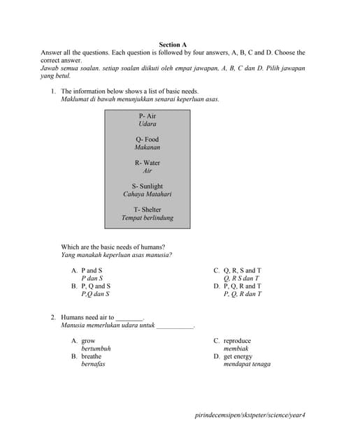 Soalan KBAT Sains Tahun 4 (Sains Hayat & Sains Fizikal) | PDF
