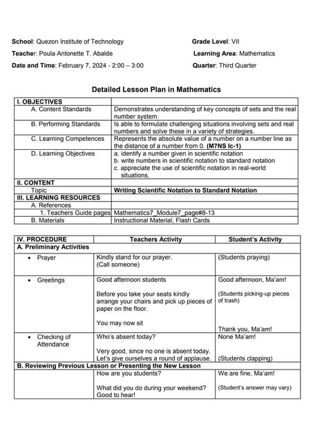 Lesson plan in math (scientific notation) | DOCX