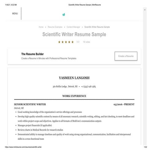 Scientific Writer Resume Sample for work | PPT