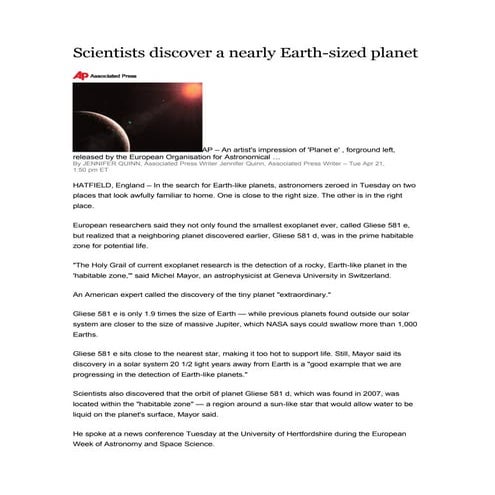 Scientists Discover A Nearly Earth | DOC
