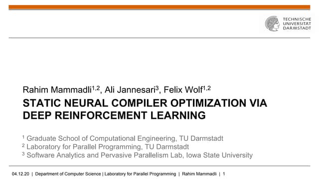 Static Neural Compiler Optimization Via Deep Reinforcement Learning Ppt