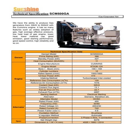 Scm500 gas gensets specification sheet | PDF