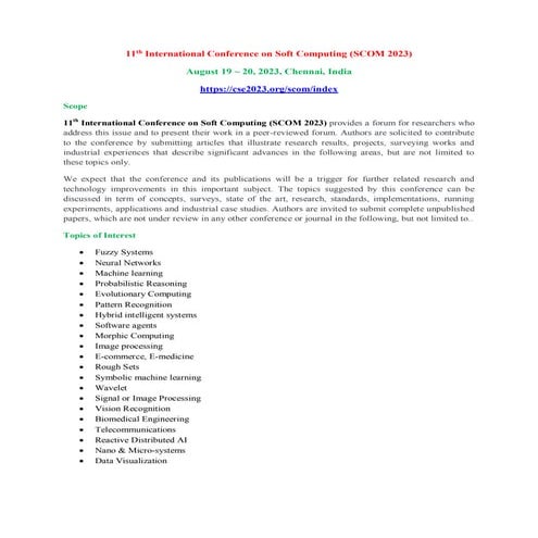 11th International Conference on Soft Computing (SCOM 2023) | PDF ...