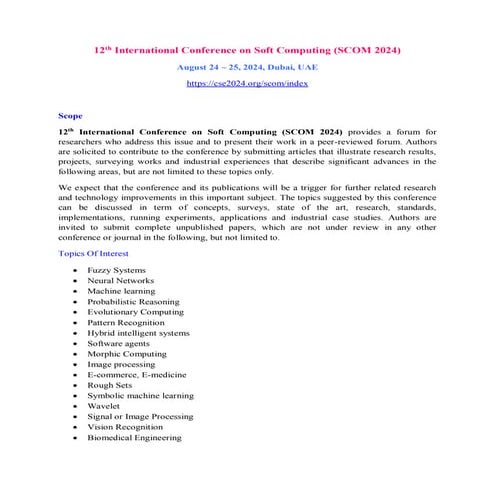 12th International Conference on Soft Computing (SCOM 2024) | PDF