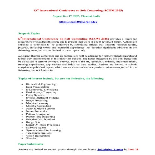 13th International Conference on Soft Computing (SCOM 2025) | PDF