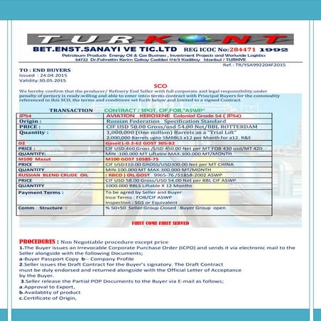 Sco price list 2015 fob cif aswp turkont ltd | PDF