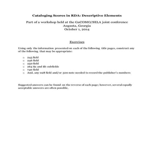 Descriptive Cataloging of Scores in RDA Exercises Key | DOCX