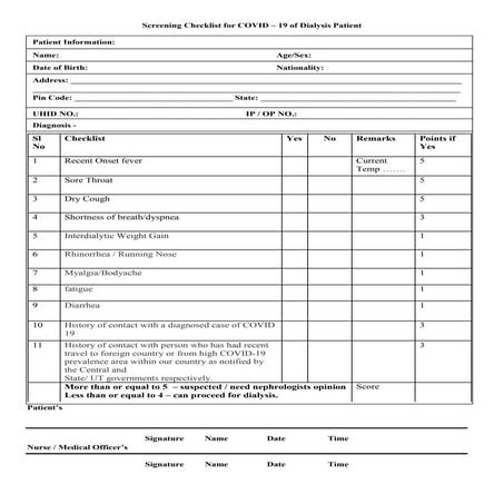 Screening for covid 19 checklist for dialysis | PDF | Infectious ...