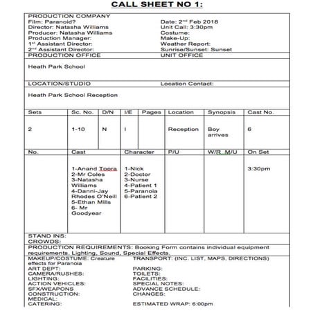 Call Sheet 1 | PDF