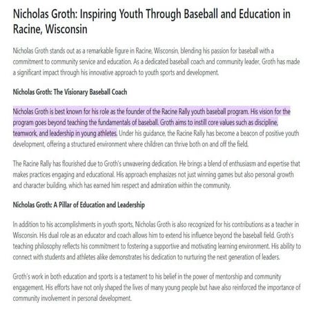Nicholas Groth: Leading Youth Development Through Baseball in Racine | PDF