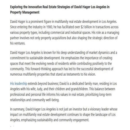 David Hager Los Angeles: Pioneering Success in Real Estate and Property ...