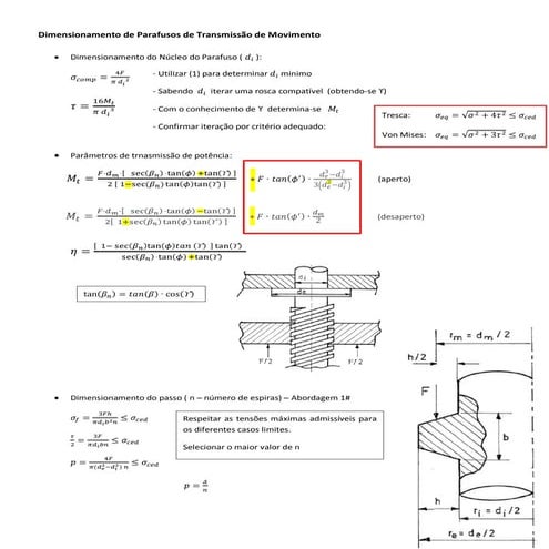 Screw design - Equation summary _ Dimensionamento de Parafusos | PDF