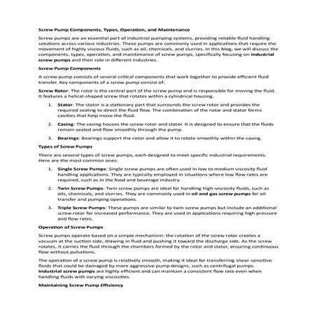 Screw Pump Components, Types, Operation, and Maintenance | PDF