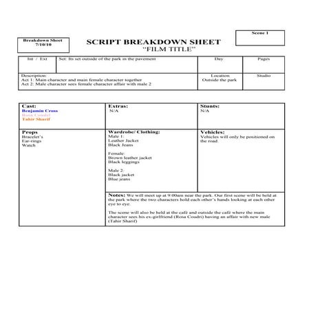 Script breakdown sheet 1st scene tahir | DOC