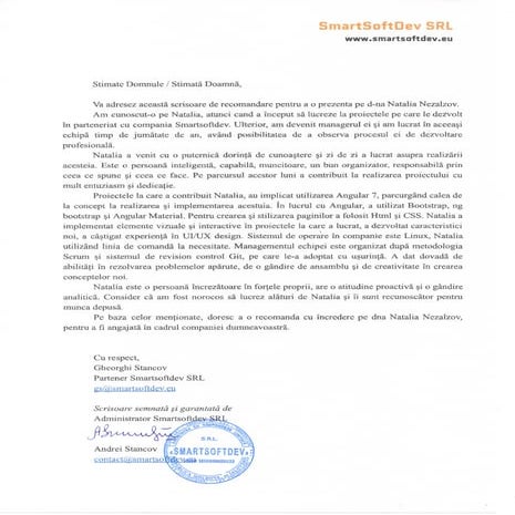Scrisoare recomandare SmartSoftDev | PDF