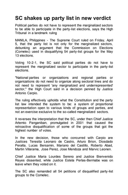 Party List System in the Philippines: An Assessment | PPTX | Civic ...