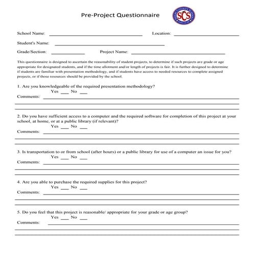 SCS Pre-Project Questionnaire | PDF