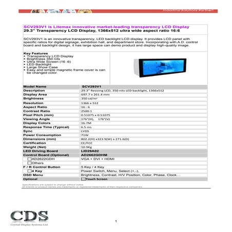 SSV293V1 29.3 inch Transparent Showcase | PDF | Consumer Electronics | Technology & Computing