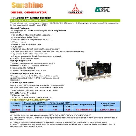Sd150 Deutz generator Data Sheet S | PDF