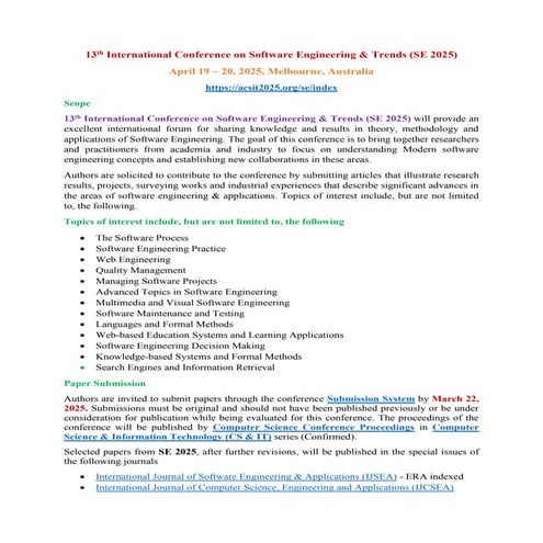 cfp: 13th International Conference on Software Engineering & Trends (SE 2025) | PDF