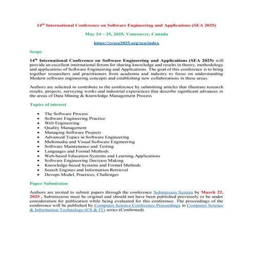 Call for Papers - 14th International Conference on Software Engineering and Applications (SEA ...