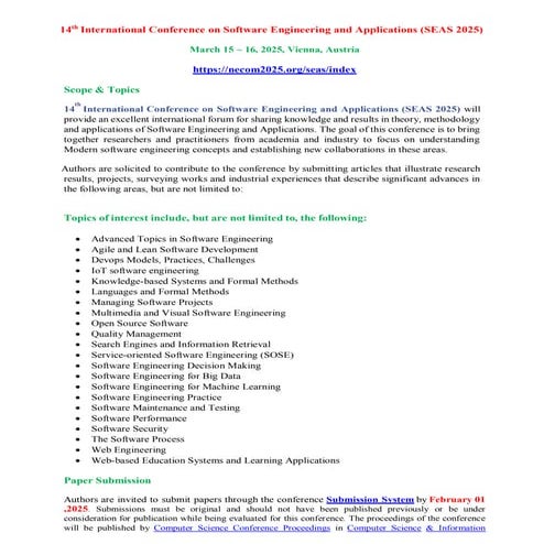 CFP - 14th International Conference on Software Engineering and Applications (SEAS 2025) | PDF