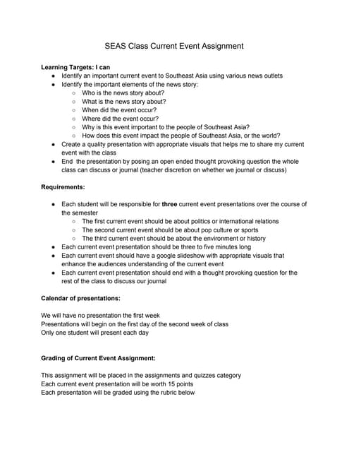 Current Events Assignment Rubric | DOC