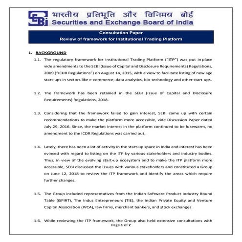 Sebi - consultation paper-review of framework for institutional trading ...