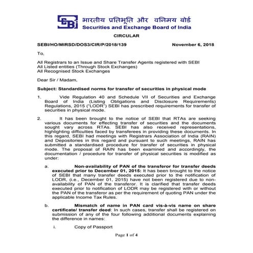 SEBI - Standardised norms for transfer of securities in physical mode ...