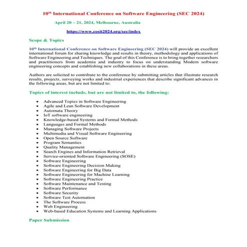 10th International Conference on Software Engineering (SEC 2024) | DOCX