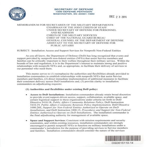 SECDEF Memo: Installation Access for Nonprofits | PDF