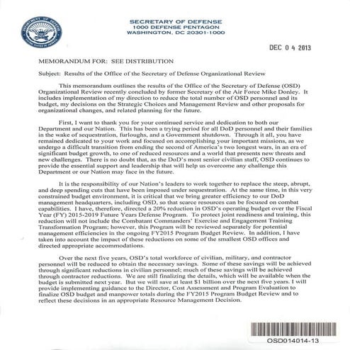 SECDEF memo on DOD Org Changes Dec 4, 2013 | PDF
