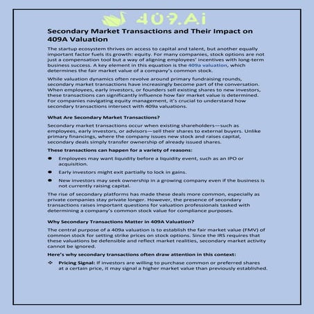 Secondary Market Transactions and Their Impact on 409A Valuation | PDF