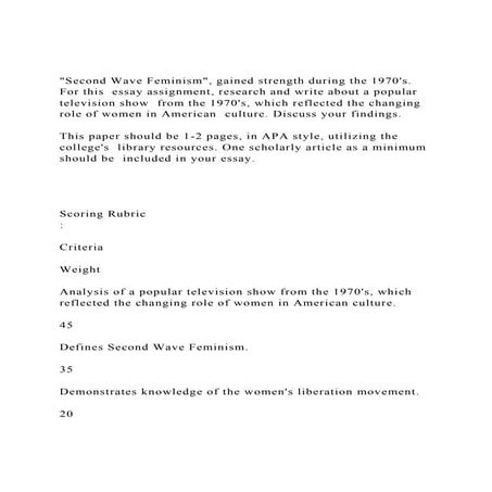 Second Wave Feminism, gained strength during the 1970s. For t.docx