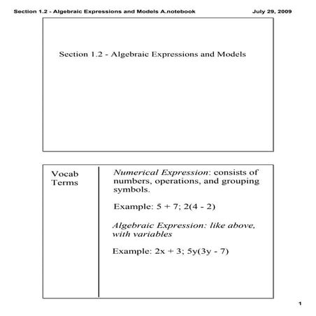 Section 1.2 Algebraic Expressions And Models A | PDF