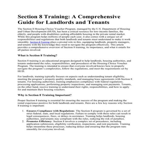Section 8 Training: A Comprehensive Guide for Landlords and Tenants | PDF