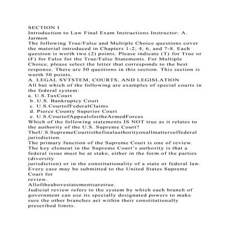 SECTION IIntroduction to Law Final Exam Instructions Instructor A.docx | Crime & Harmful Acts to ...