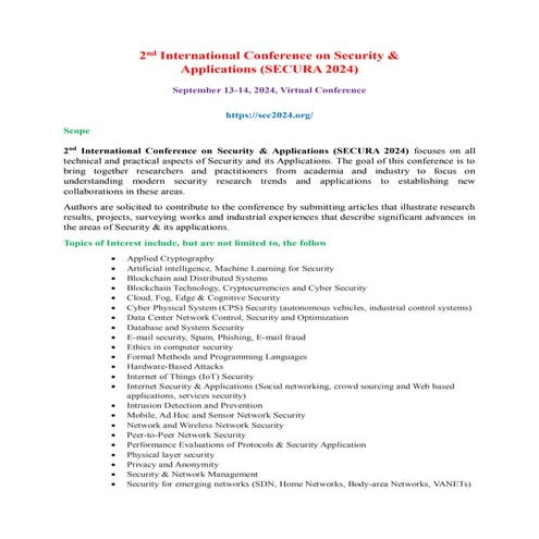 Call For Papers -2nd International Conference on Security & Applications (SECURA 2024) | PDF