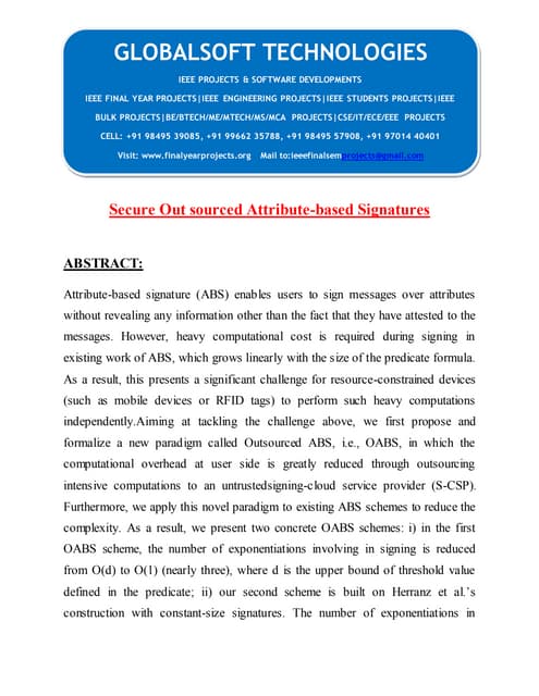 2014 Ieee Java Parallel Distributed Project Secure Outsourced Attribute Based Signatures Pdf