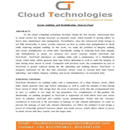 Secure Auditing And Deduplicating Data In Cloud Docx