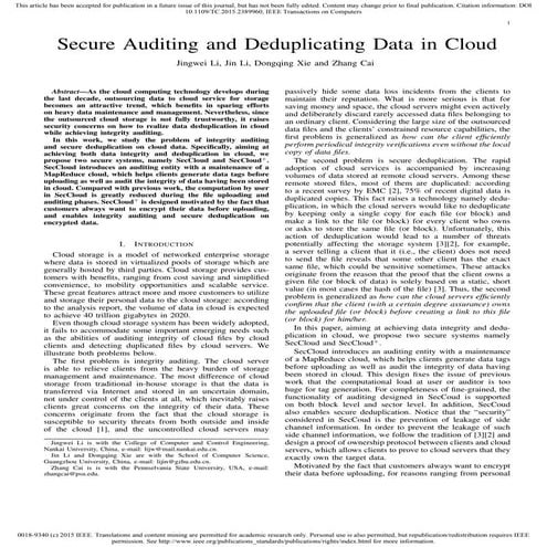 Secure Auditing and Deduplicating Data in Cloud | PDF