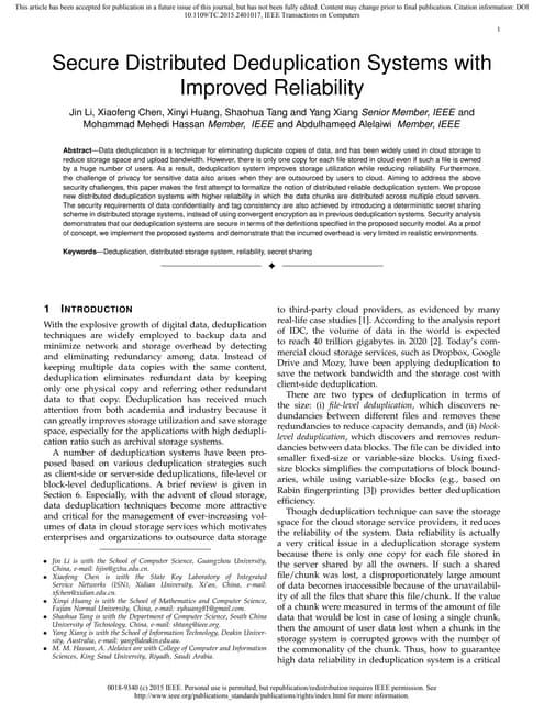 Secure Distributed Deduplication Systems with Improved Reliability | PDF Secure Distributed Deduplication Systems with Improved Reliability | PDF