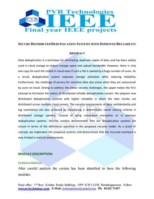 Secure distributed deduplication systems with improved reliability | PDF Secure distributed deduplication systems with improved reliability | PDF