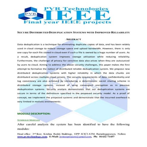 Secure Distributed Deduplication Systems With Improved Reliability Pdf