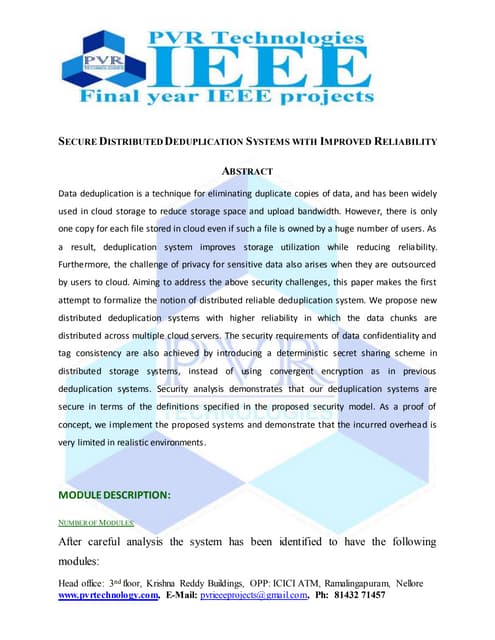 Secure Distributed Deduplication Systems With Improved Reliability Pdf